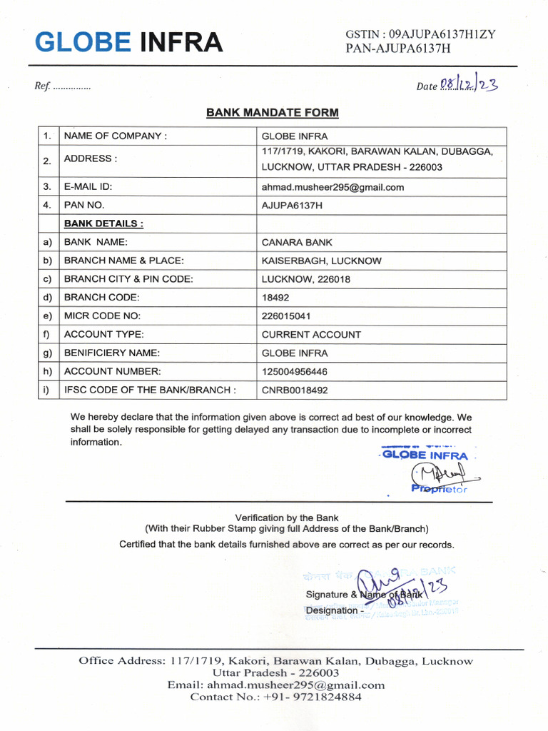 Bank Mandate Globe Infra | PDF