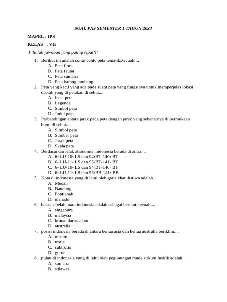 Soal Pas Semester 1 Tahun 2023 | PDF