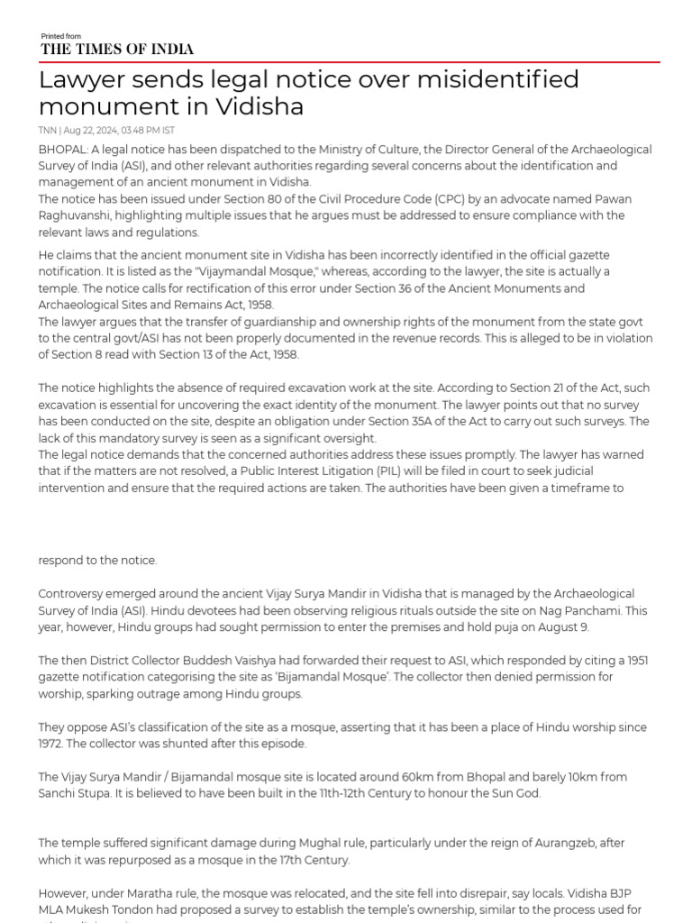 Lawyer Sends Legal Notice Over Misidentified Monument in Vidisha ...