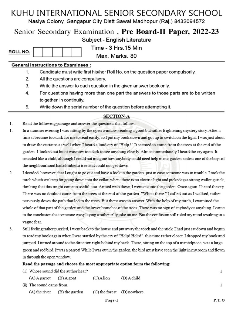 C Lass-12 English Lit Preboard-2 | PDF | Poetry | General Fiction