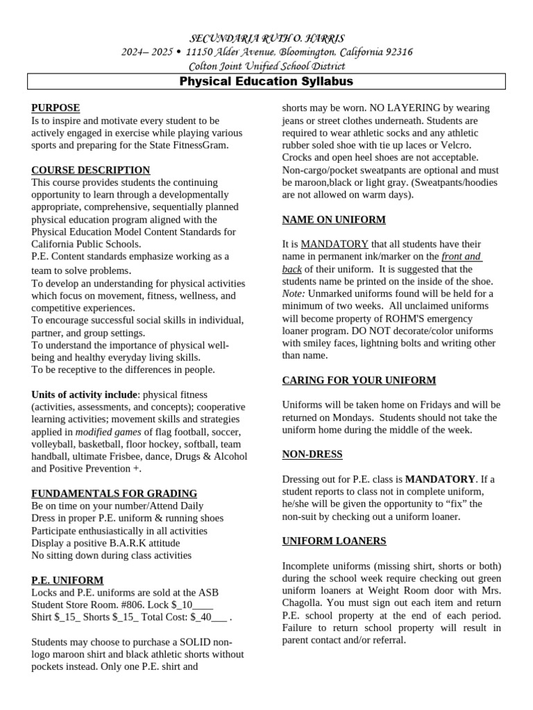 2024-2025 Physical Education Syllabus | PDF | Physical Education | Wellness