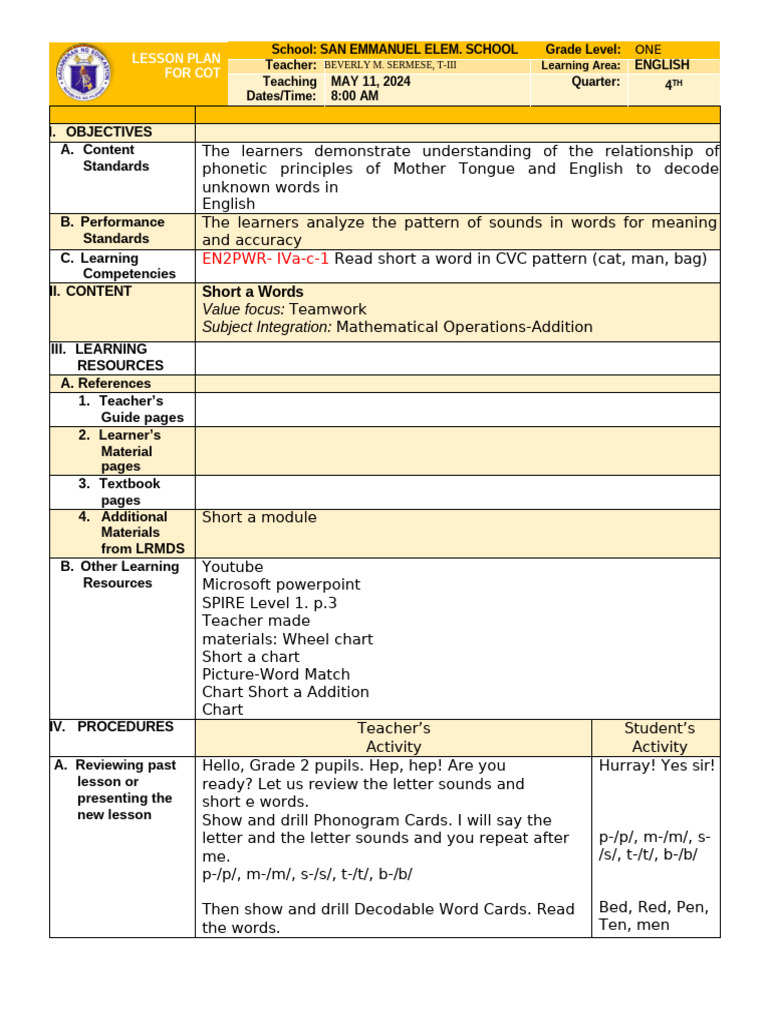 CVC Lesson Plan | PDF