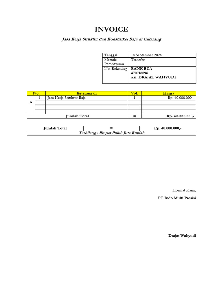 Invoice Jasa Kerja Struktur Baja Cikarang | PDF