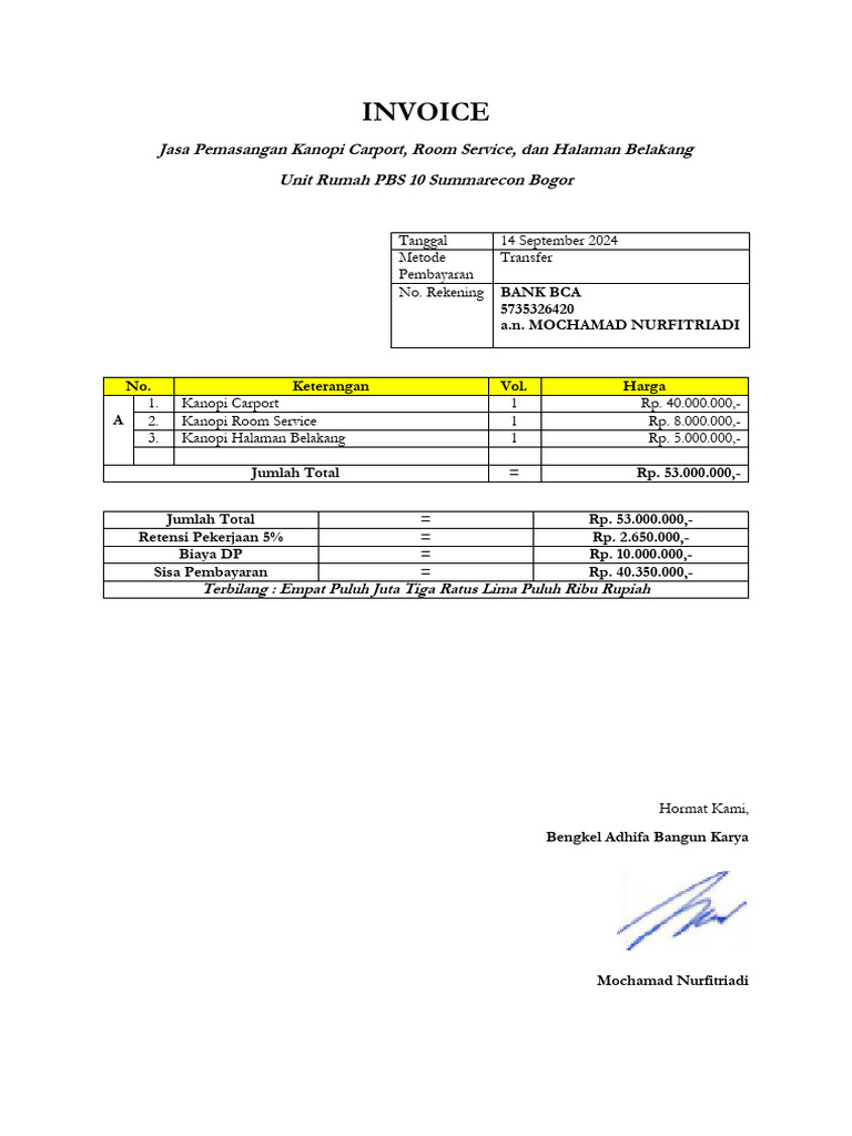 Invoice Jasa Pemasangan Kanopi PBS 10 | PDF