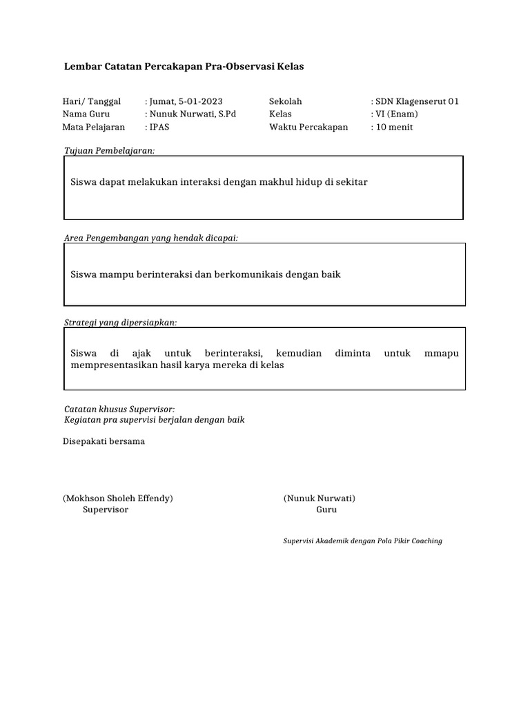 Lembar Catatan Percakapan Pra-Observasi Kelas CGP | PDF