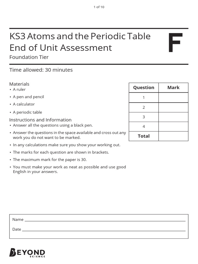 Atoms and The Periodic Table Assessment Foundation - Question Paper ...