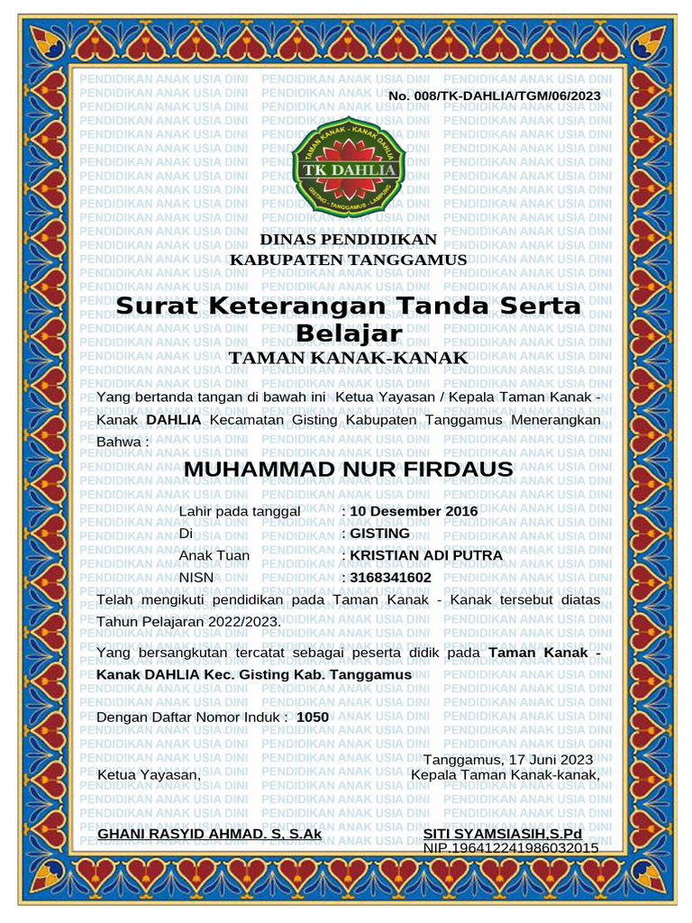 Piagam TK Dahlia Fix | PDF