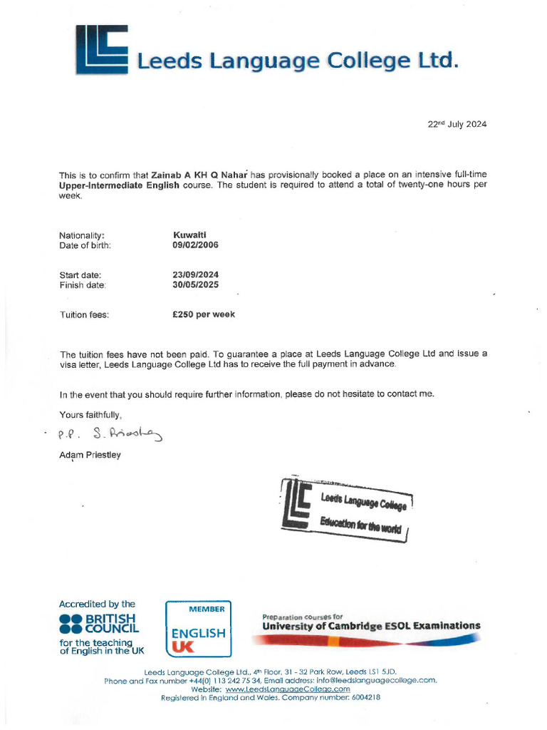 Offer Letter_Leeds Language College_Zainab A KH Q Nahar | PDF