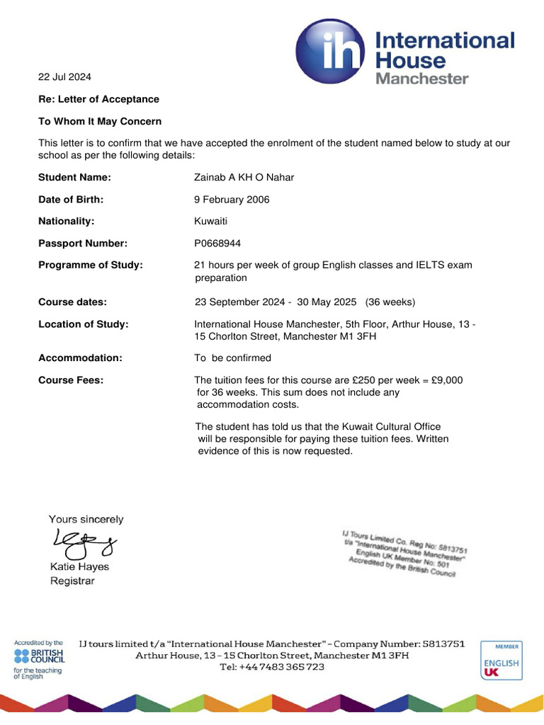Offer Letter - IH Manchester - Zainab A KH Q Nahar | PDF