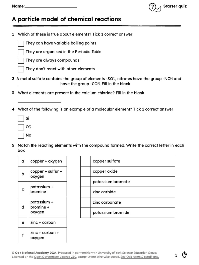 A Particle Model of Chemical Reactions Starter Quiz Questions | PDF