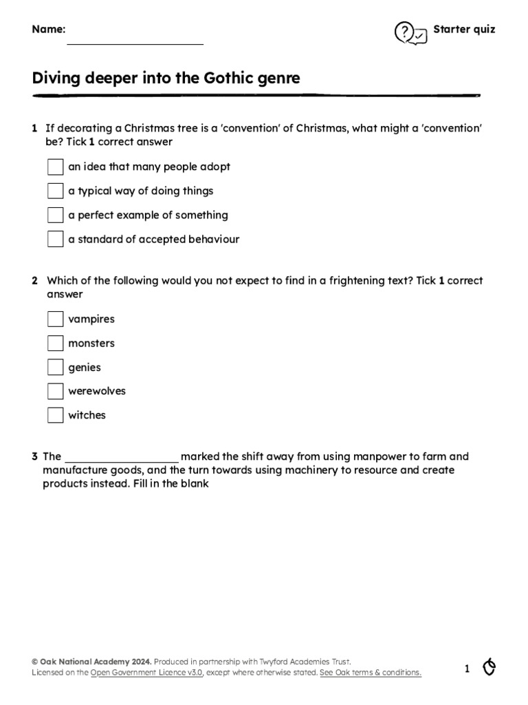 Diving Deeper Into The Gothic Genre Starter Quiz Questions | PDF