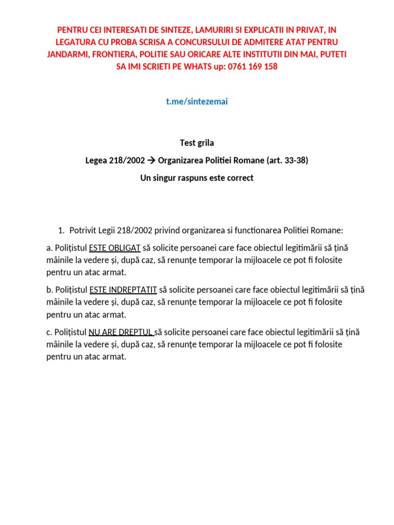 Test Organizarea Politiei Romane Partea A 2a Art. 33-38 | PDF