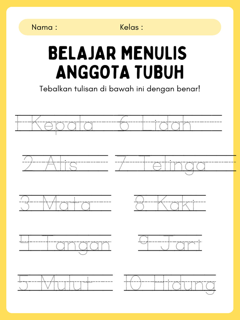 Belajar Menulis Menebalkan Angka 1-10 Lembar Kerja Kuning Sederhana | PDF