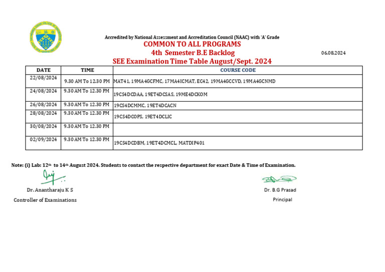 4th Sem BE Backlog SEE Exam August 2024 | PDF
