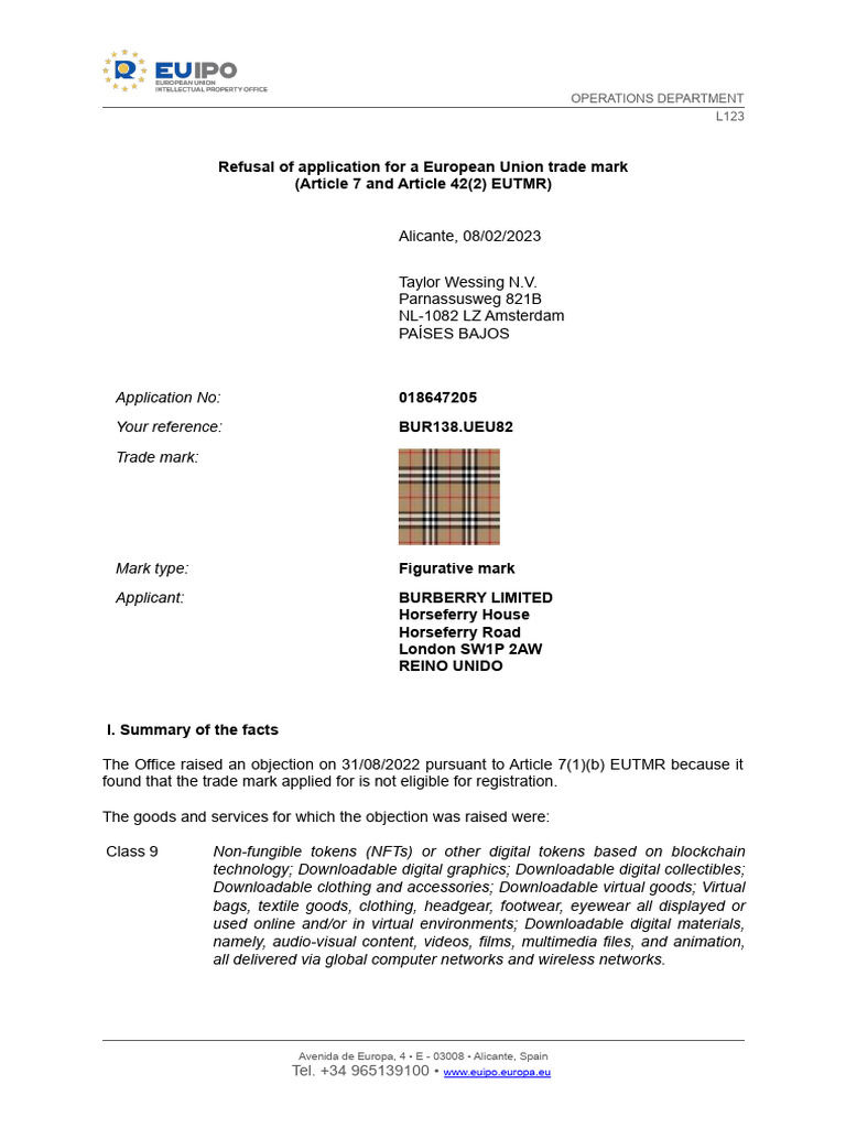 EUIPO 018647205 Burberry Check Pattern Decision | PDF