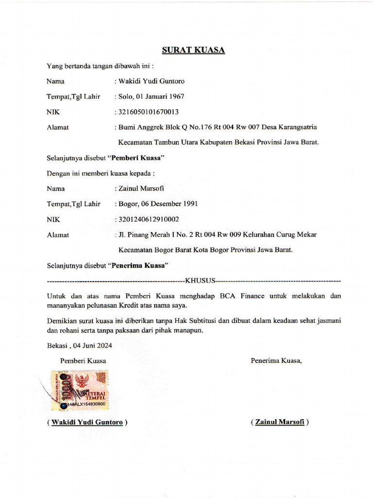 Surat Kuasa Bca Finance | PDF