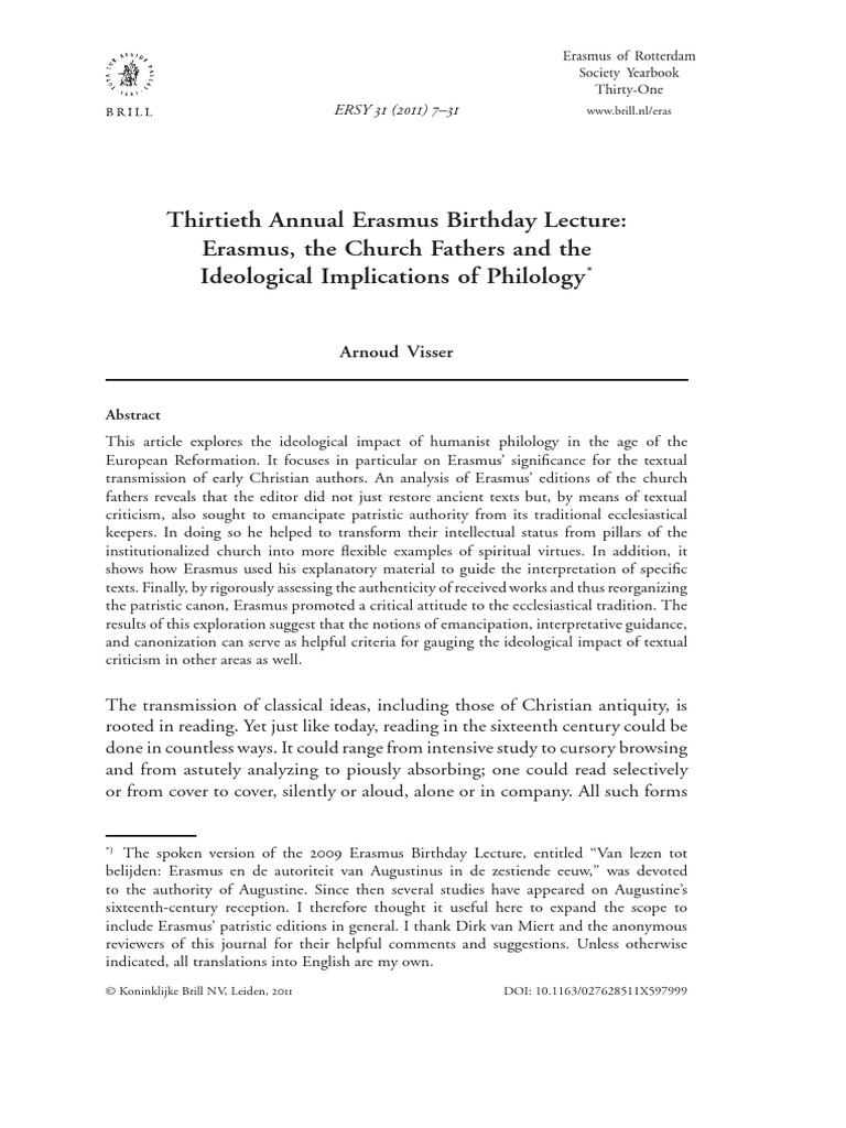 Erasmus The Church Fathers and The Ideol | PDF