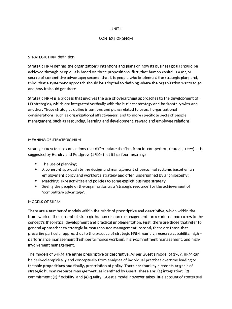 SHRM Unit I | PDF | Human Resource Management | Strategic Management