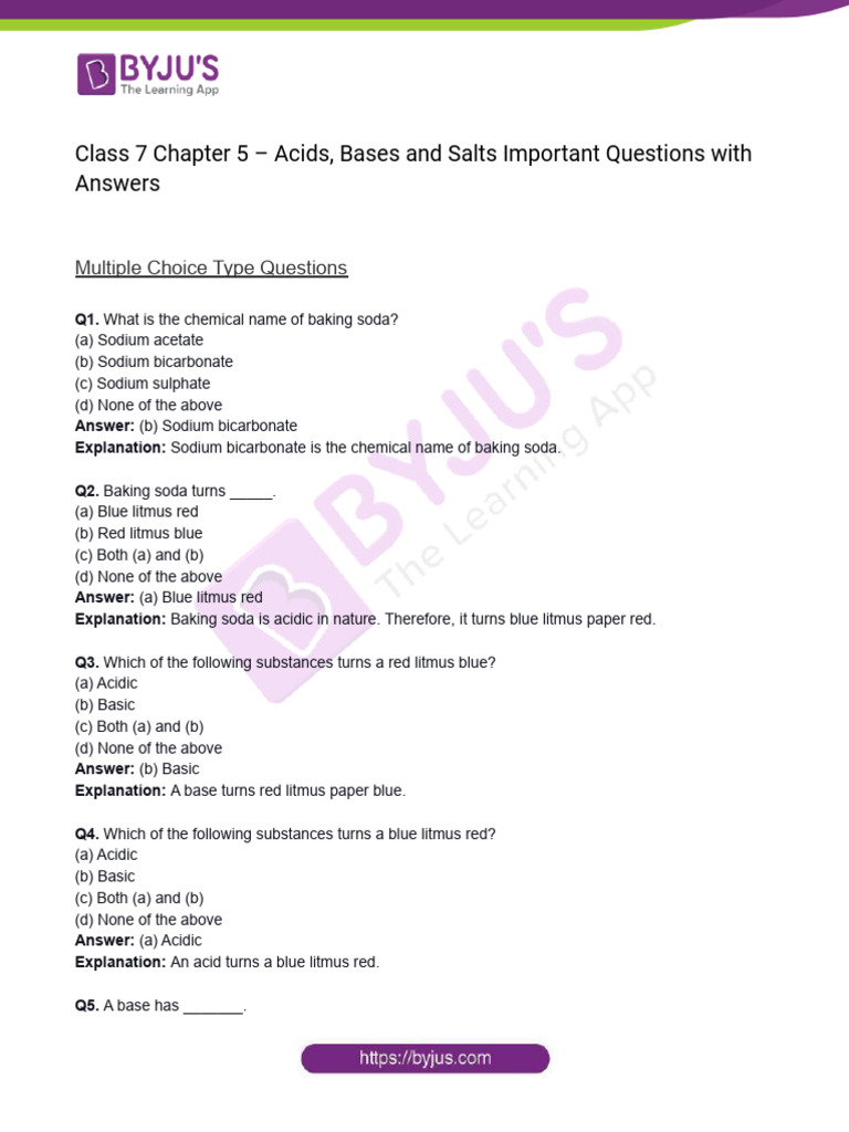 Class 7 Chapter 5 - Acids Bases and Salts Important Questions With ...