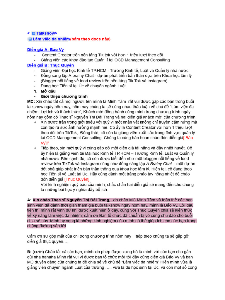 SCRIPT TALKSHOW CHO MC DIỄN GIẢ | PDF