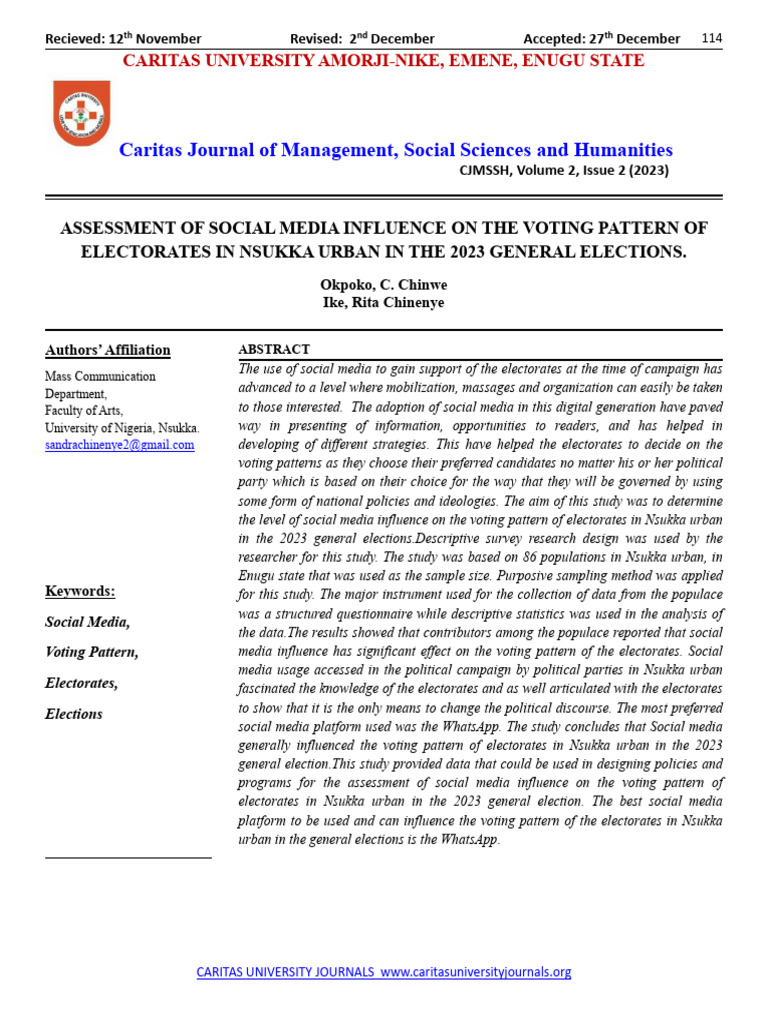 CJSSMH 2023 Assessment of Social Media Influence On The Voting Pattern | PDF