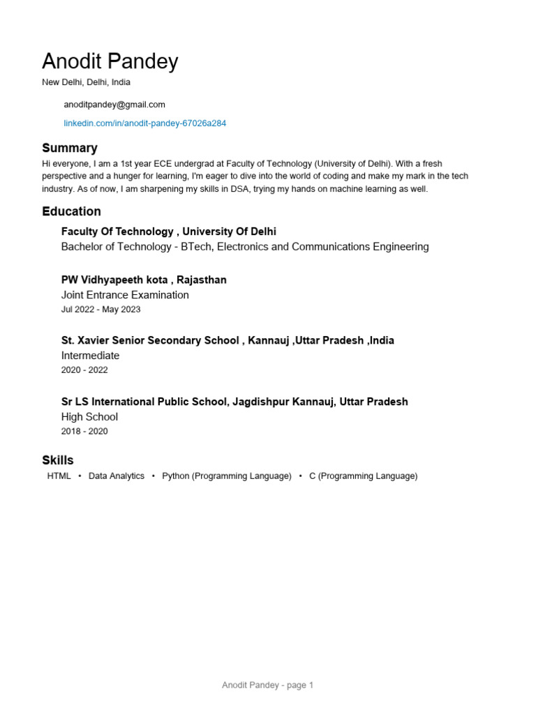 Resume Anodit Pandey | PDF