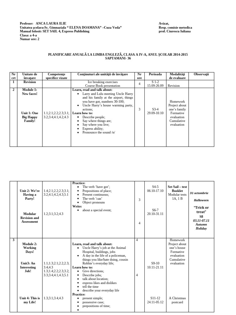 Planif. - Clasa - A - 4a - Set - Sail - ANCA-2013-2014 | PDF