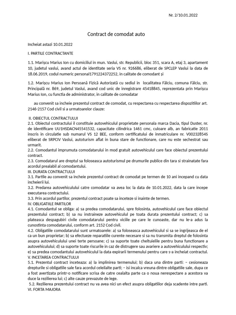 Contract de Comodat Auto | PDF