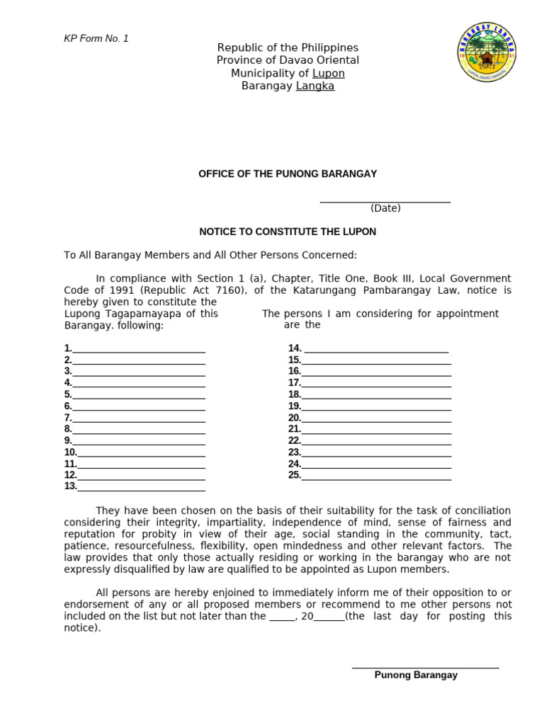KP-Forms Barangay Langka 2024 | PDF | Judiciaries | Justice