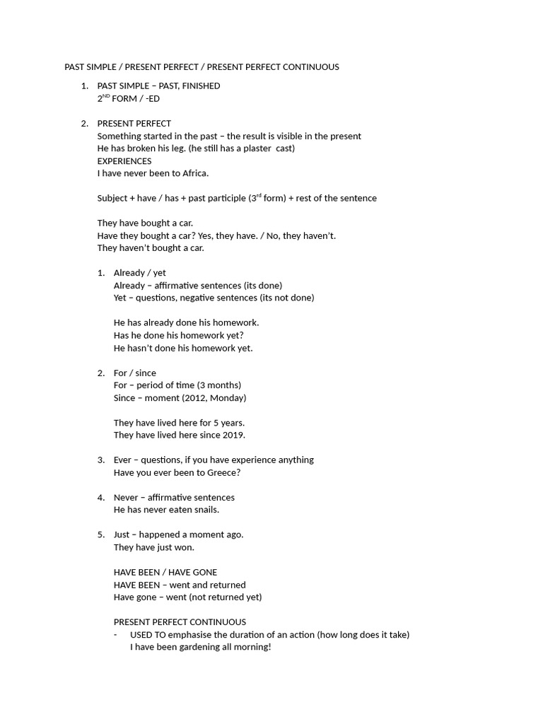 PAST SIMPLE, Perfect, Cont | PDF