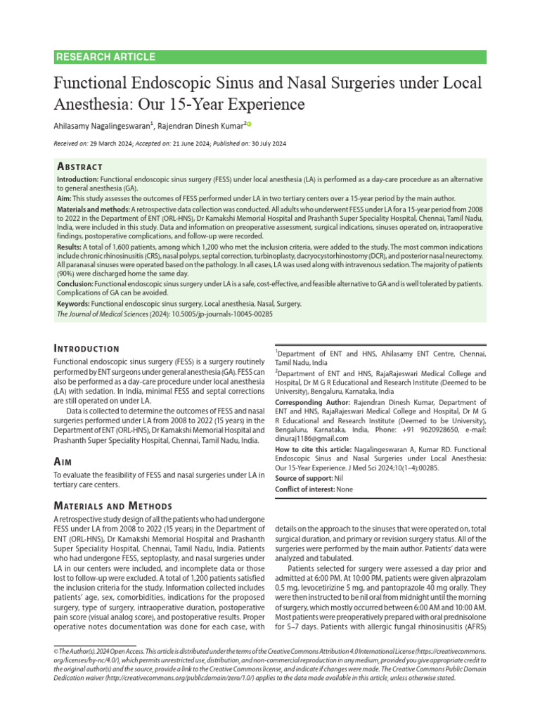 JMEDS - 24 - 67 - FESS and Nasal Surgery Under LA-unlocked | PDF