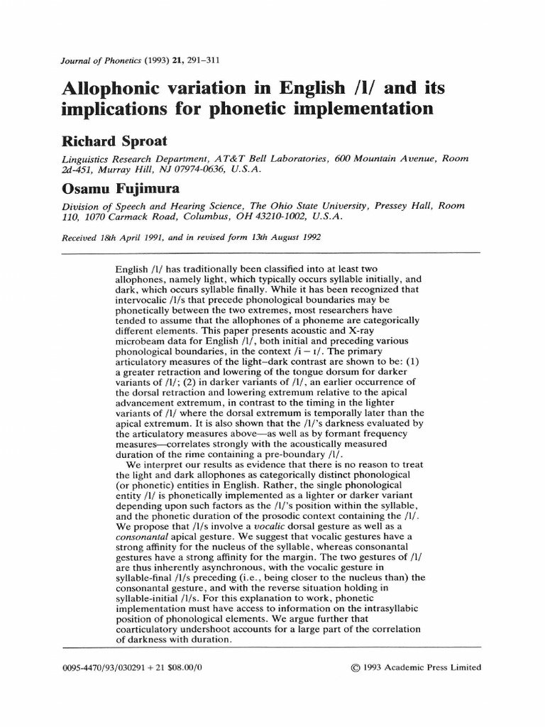 Allophonic Variations of l | PDF