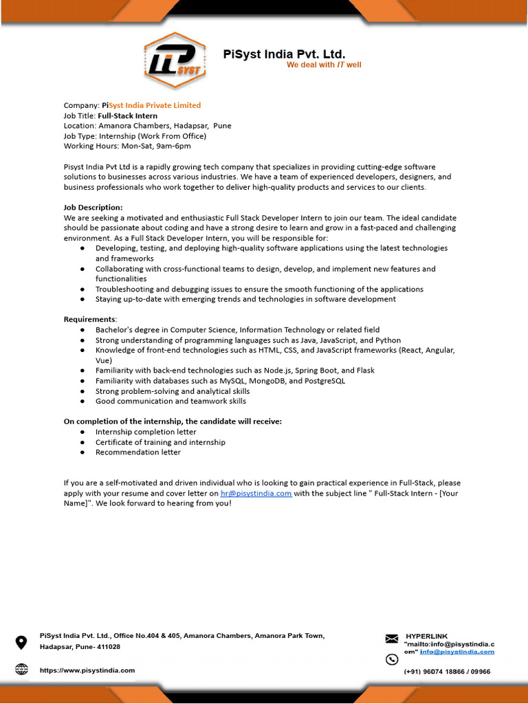 Full-Stack Intern - JD - PiSyst India | PDF