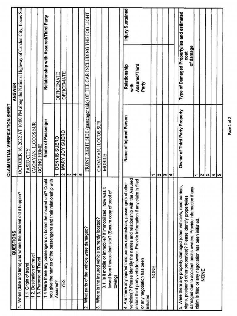Claim Initial Verification Sheet | PDF