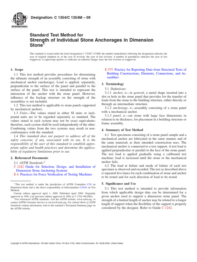ASTM C1354 (2009) Strength of Stone Achorages in Stone | PDF