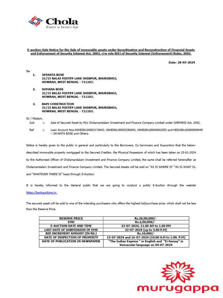 Cholamandalam e Auction Sale Notice West Bengal Kolkata Jayanta Bose 30 ...