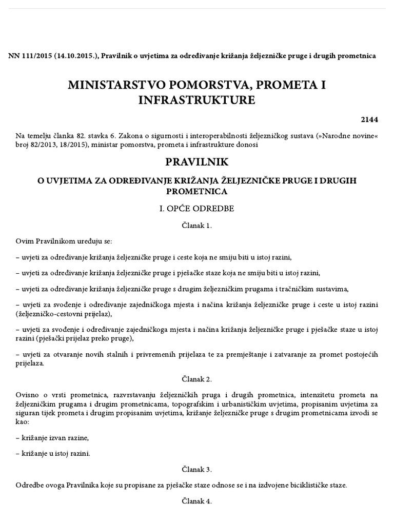 Pravilnik o Uvjetima Za Odredjivanje Krizanja Zeljezničke Pruge I Drugih Prometnica NN 111-2015 ...