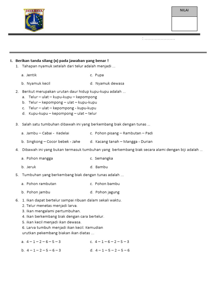 Soal PTS Kelas 3 Tema 1 Sub 3&4 | PDF