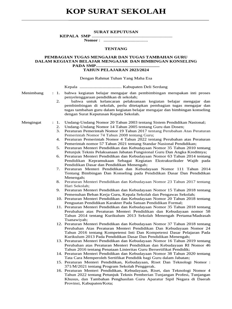 Konsideran SK Pembagian Tugas Guru TP 2023-2024 | PDF