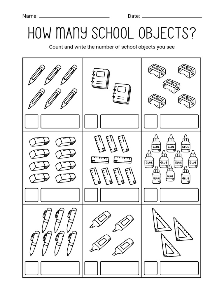 How Many School Objects Math Worksheet in Monochromatic Handdrawn Style ...