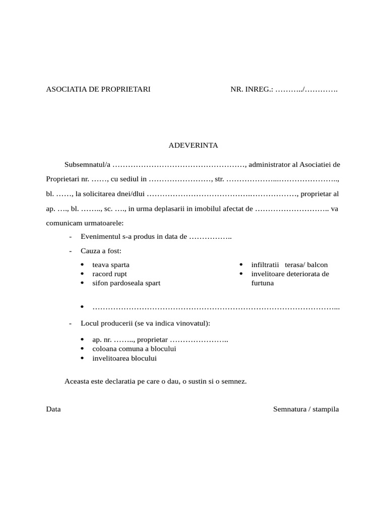 Adeverinta asociatie proprietari-asigurare casa | PDF