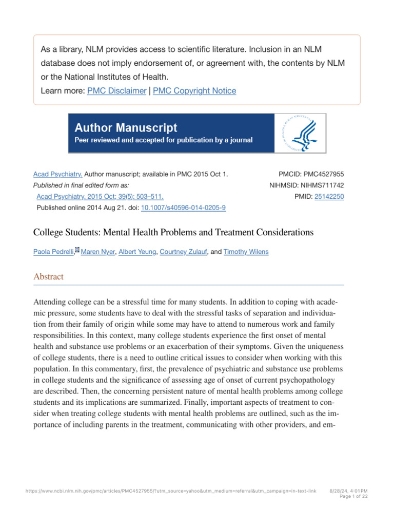 College Students - Mental Health Problems and Treatment Considerations - PMC | PDF