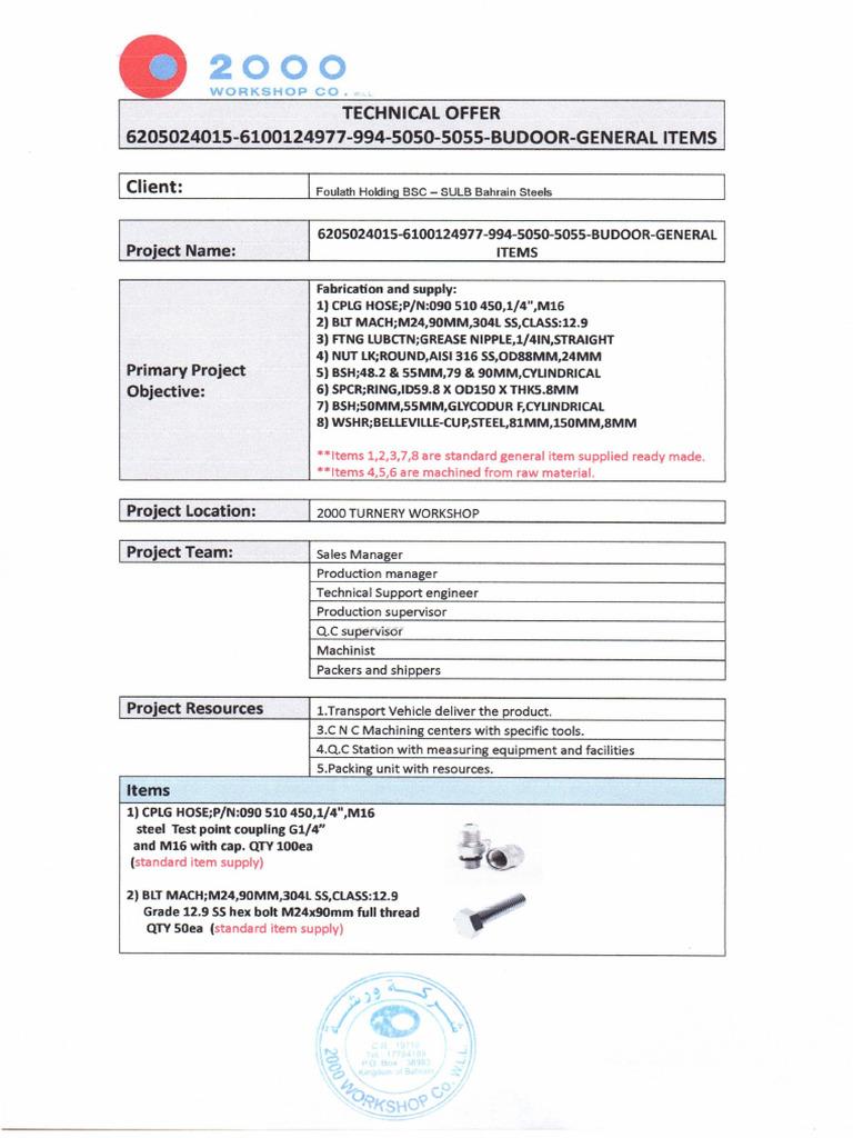 Sulb Budoor General Items Technical Offer Revised | PDF