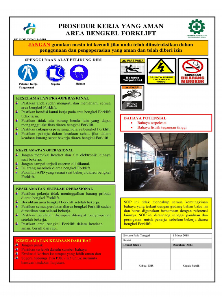 SOP Area Bengkel Forklift (OK) | PDF