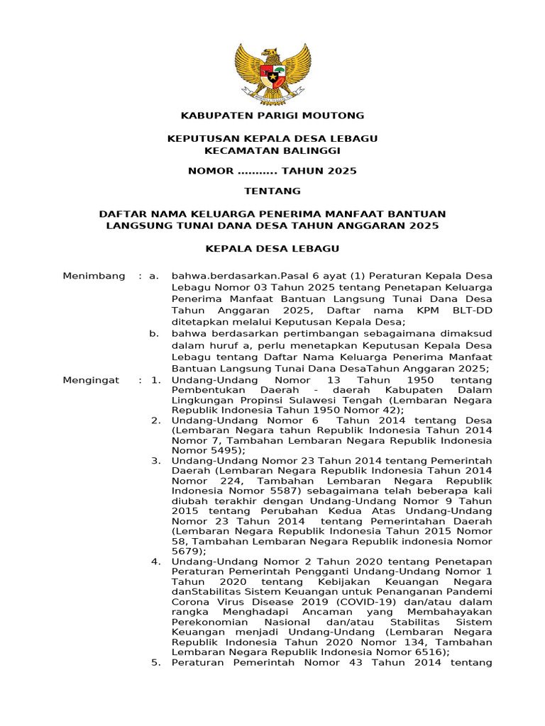Perkades BLT Desa Lebagu 2025 | PDF