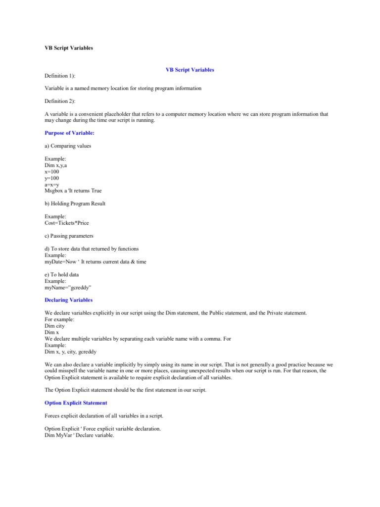 VB Script Variables Guide | PDF | Array Data Structure | Variable ... VB Script Variables Guide | PDF | Array Data Structure | Variable ...
