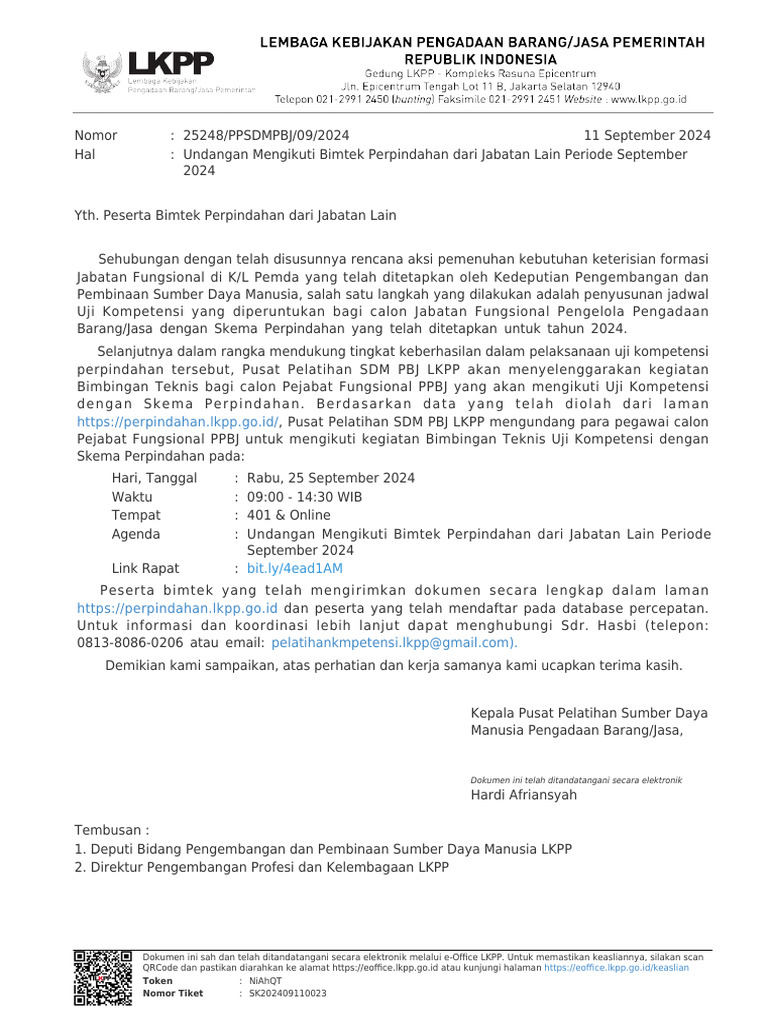 Undangan Mengikuti Bimtek Perpindahan Dari Jabatan Lain Periode September 2024 | PDF