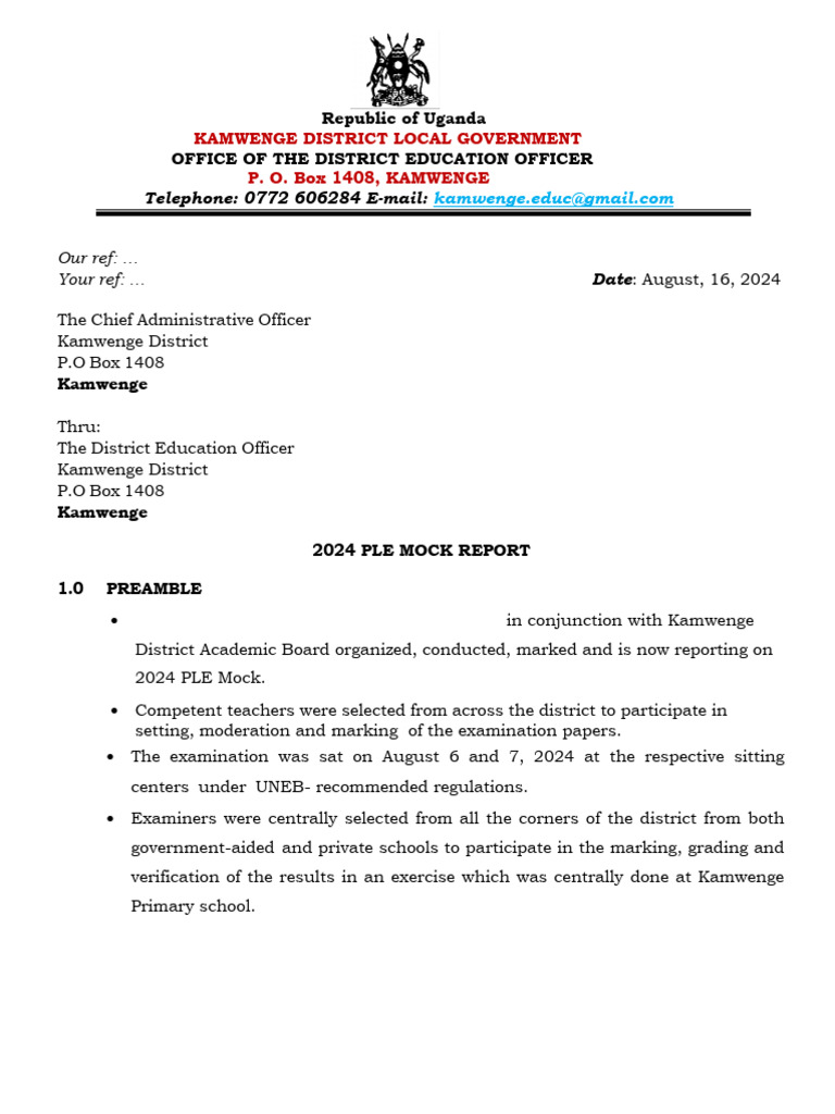 Kamwenge District 2024 Ple Mock Report - Final | PDF