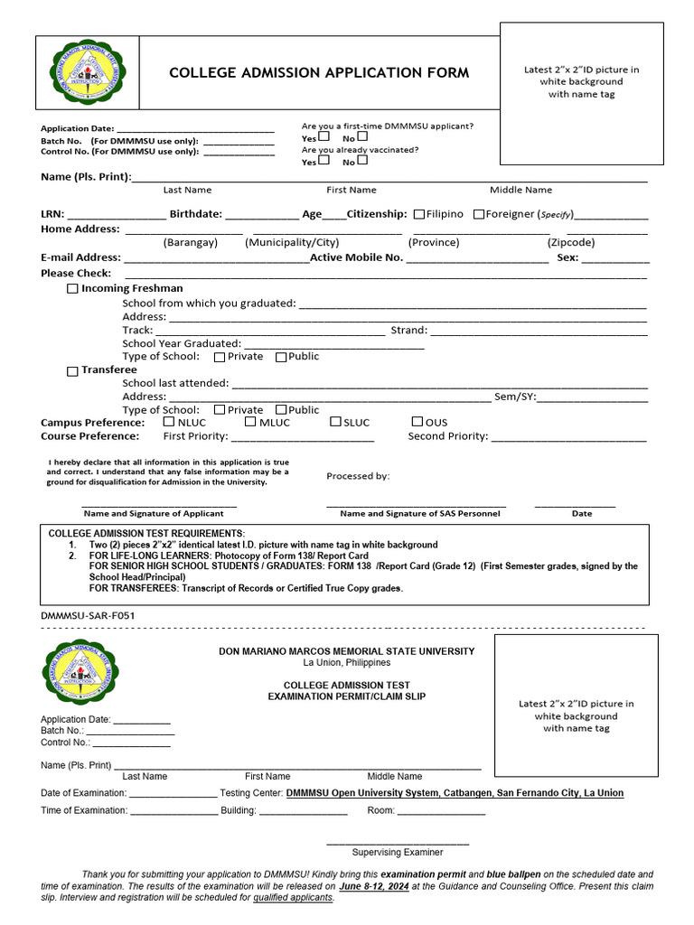 DMMMSU College Admission Application Form | PDF