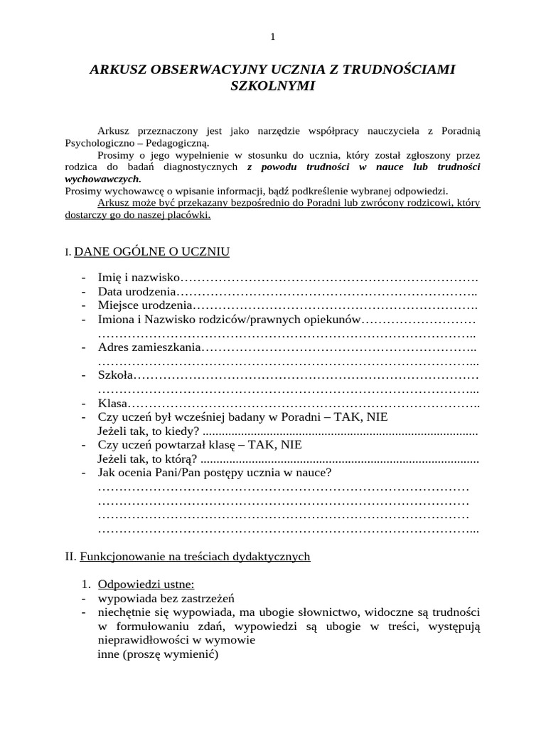 Arkusz Obserwacji | PDF
